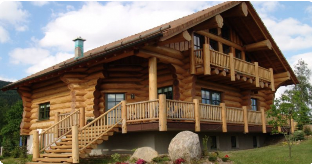 Classic Log House Design With Upper And Lower Patio